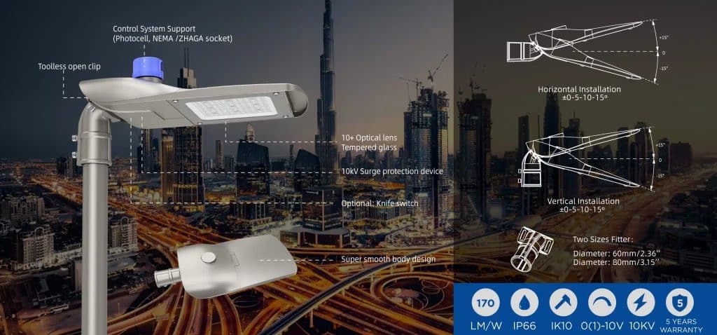 Lampadaire intelligent avec NEMA ou ZHAGA, 1-10v/DALI2 D4i